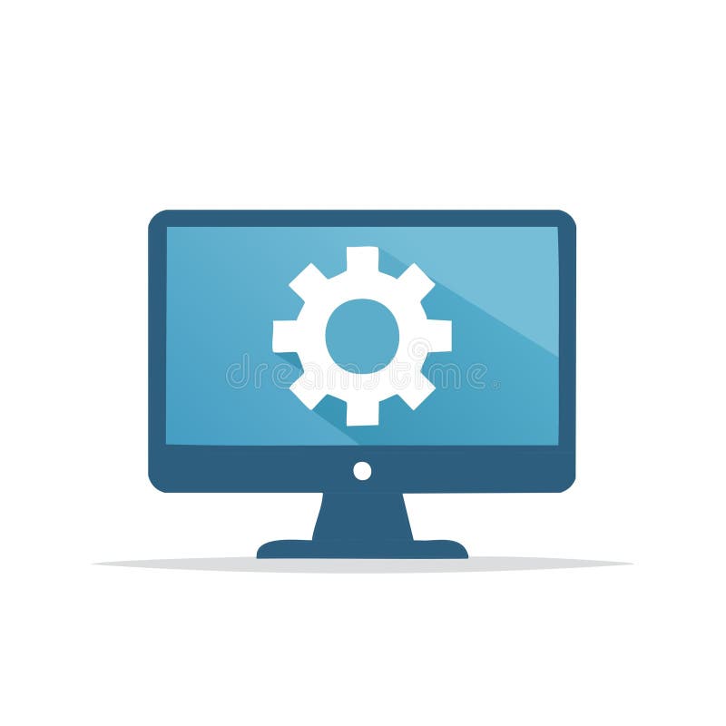 Desktop Computer with White Gear Symbol Displayed on Screen: Software ...