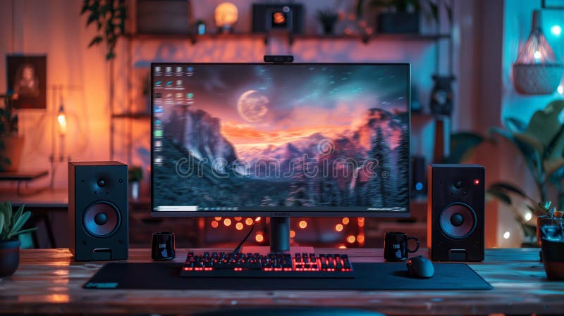 Desktop Computer on Wooden Desk Close Up Stock Photo - Image of digital ...