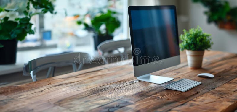Desktop Computer on Wooden Table Stock Photo - Image of organized ...