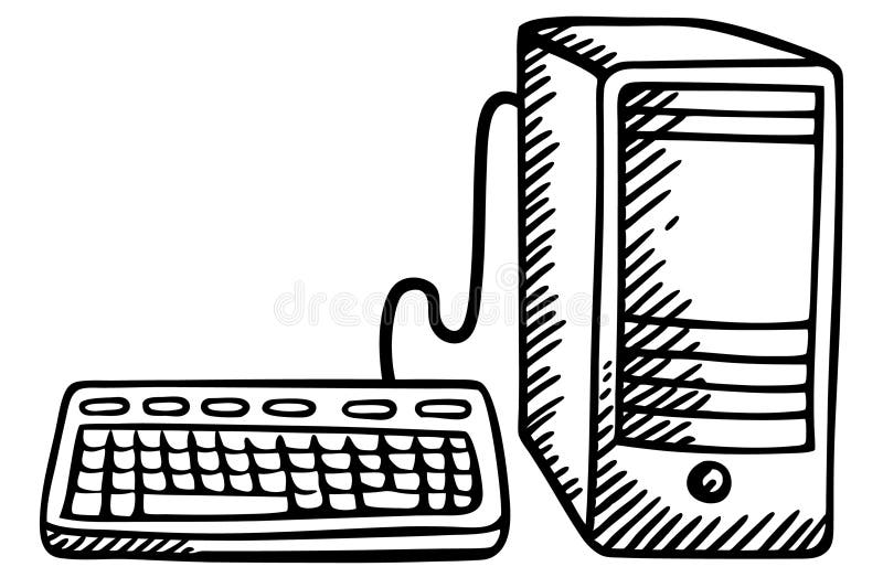 Desktop Computer Workstation Setup Hand Drawn Illustration of Monitor ...