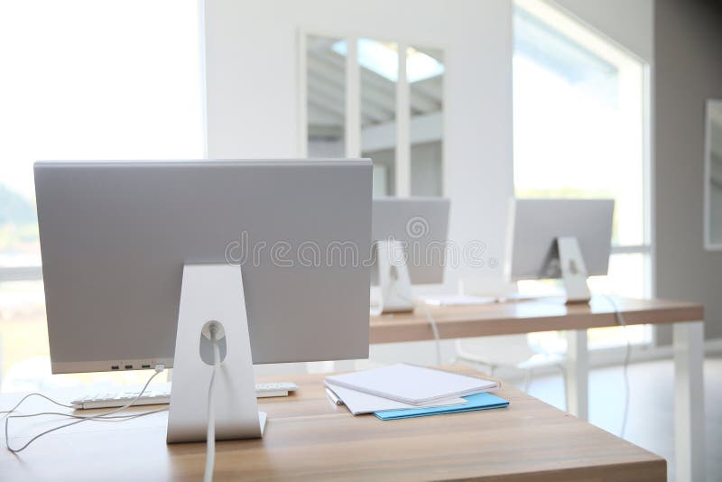 Desktop Computers Set on Table Stock Image - Image of classroom, class ...