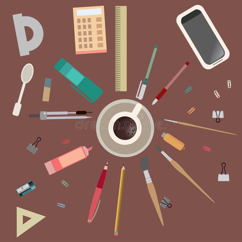 Desktop, Creative Mess. View from Above. Flat Set. Stock Illustration ...