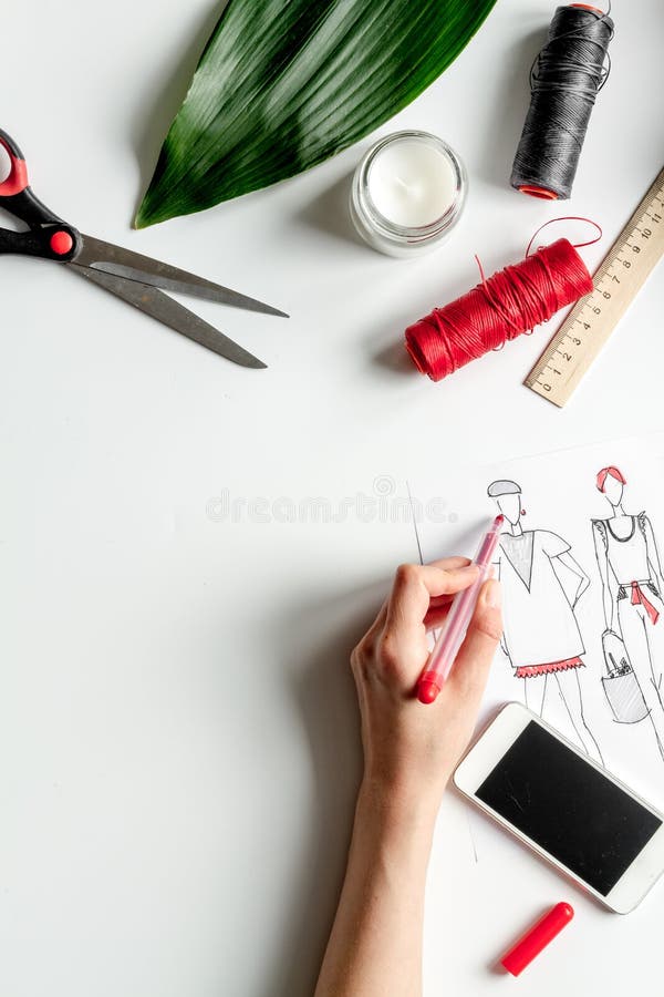 Desktop Designer Clothes with Tools Top View Mock Up Stock Image ...