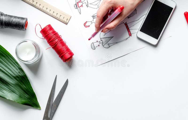 Desktop Designer Clothes with Tools Top View Mock Up Stock Image ...