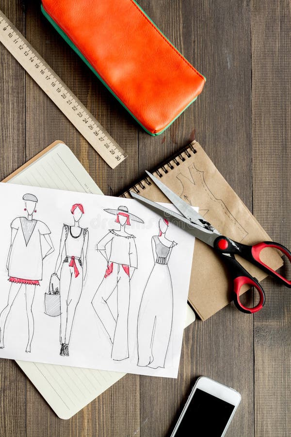 Desktop Designer Clothes with Tools Top View Mock Up Stock Image ...