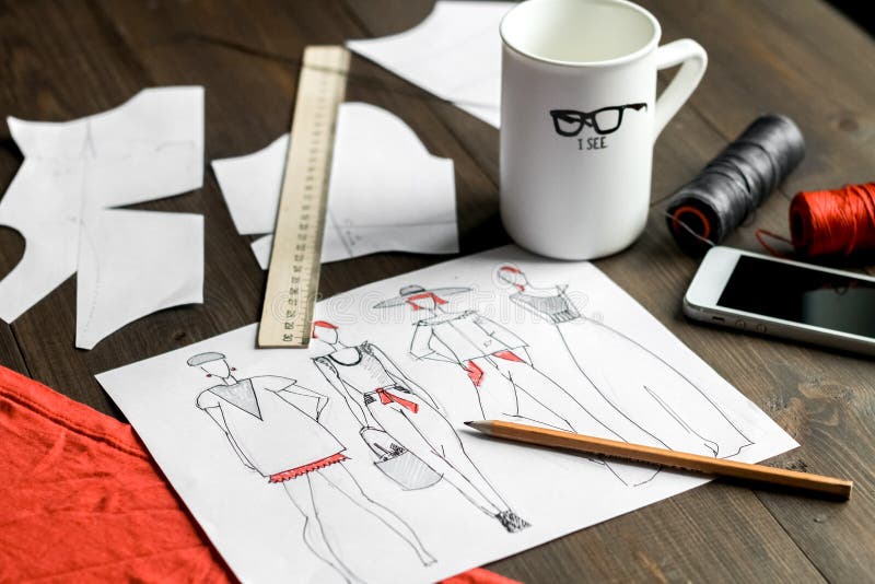 Desktop Designer Clothes with Tools Stock Photo - Image of indoors ...