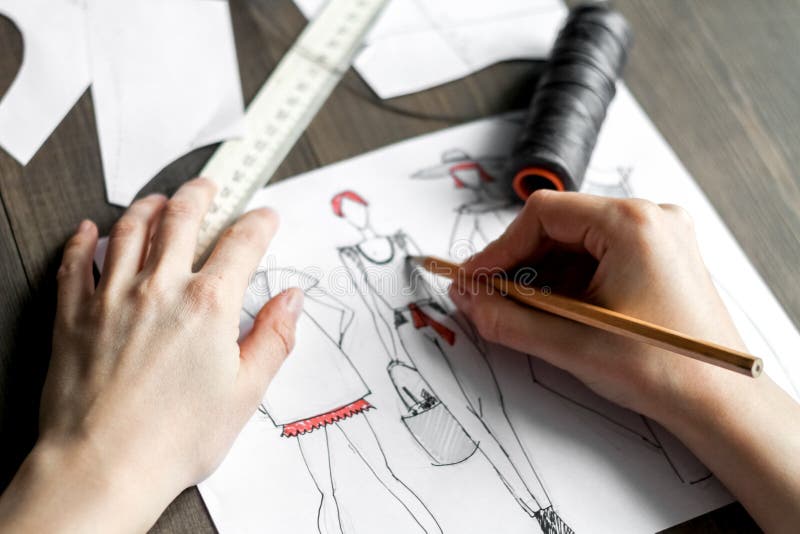 Desktop Designer Clothes with Tools at Wooden Table Stock Photo - Image ...