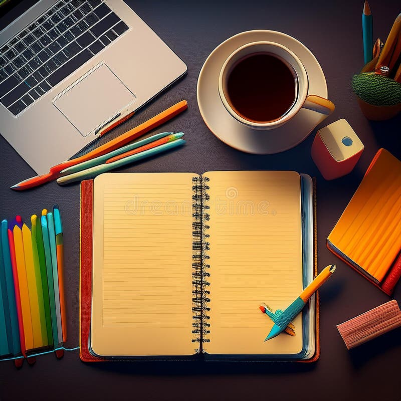 Desktop and Diary with Coffee Cup, Cigarette and Office Supplies. Stock ...