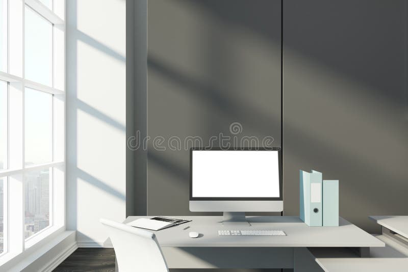 Desktop with Empty Computer Screen in Office Stock Photo - Image of ...