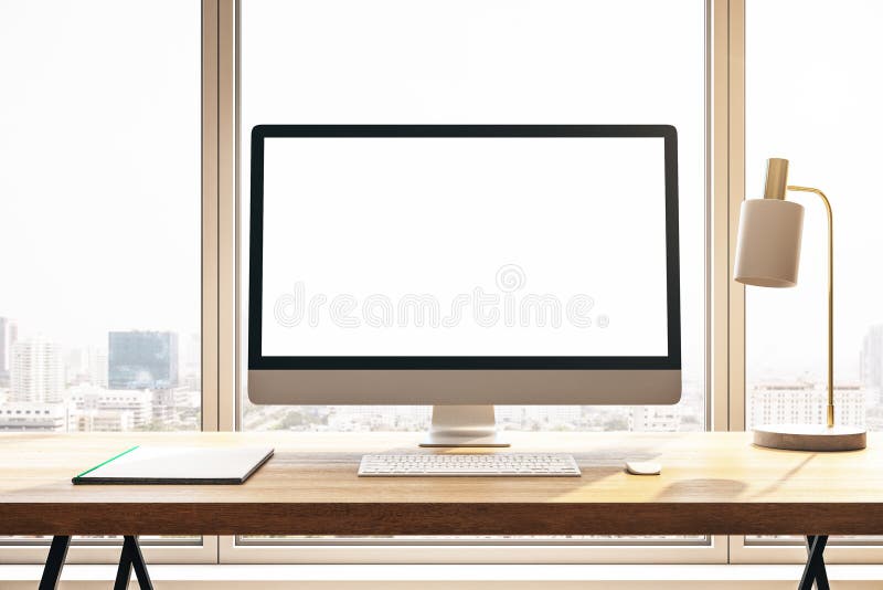 Desktop with Empty Computer Screen Stock Illustration - Illustration of ...