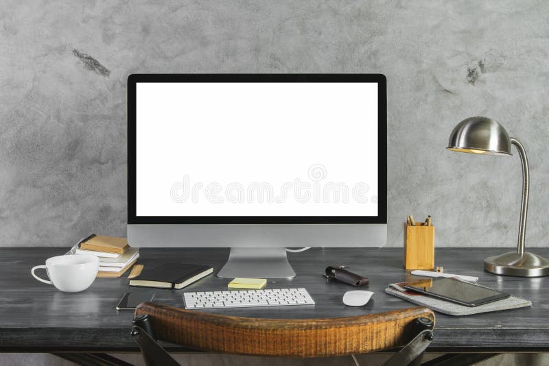 Desktop with Empty White Pc Screen Front Stock Image - Image of items ...