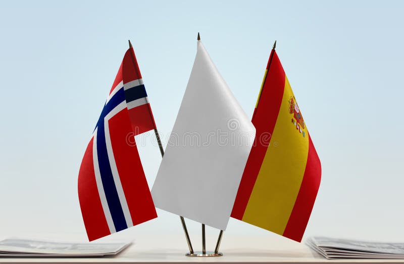 Flags of Norway and Spain stock image. Image of indoor - 118989937