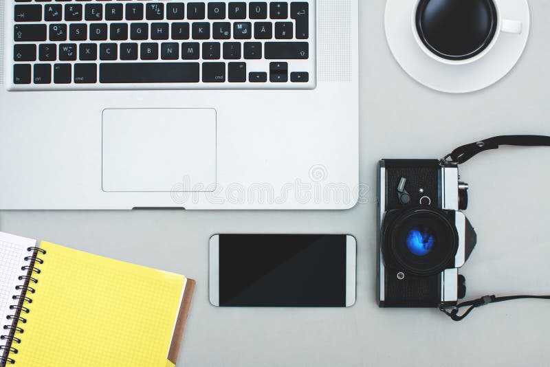 Desktop flat lay stock photo. Image of cellphone, beverage - 93790466