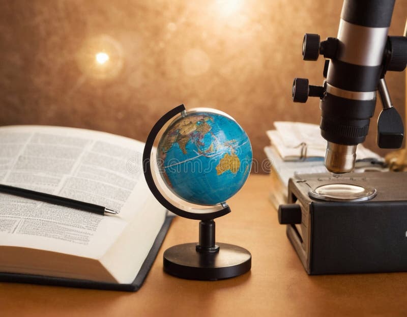 Desktop Globe, Microscope, and Open Book with Pencil on Wooden Surface ...