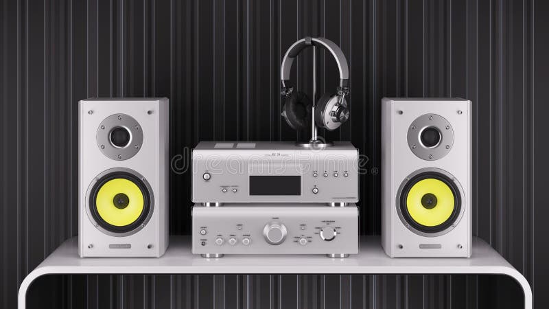 Desktop Hi-Fi Speakers, Stereo Amplifier and Headphones are Silver on ...