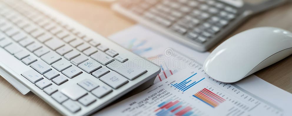 Desktop Keyboard and Mouse beside a Financial Report with Graphs and ...