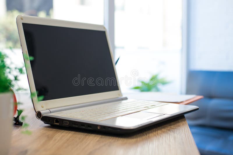 Desktop with laptop stock photo. Image of creative, coffee - 157216758