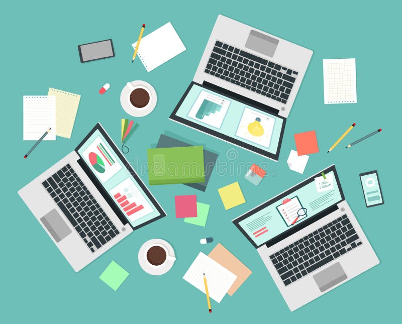 Desktop with Laptops, Top View. Teamwork Business Concept. the Work of ...