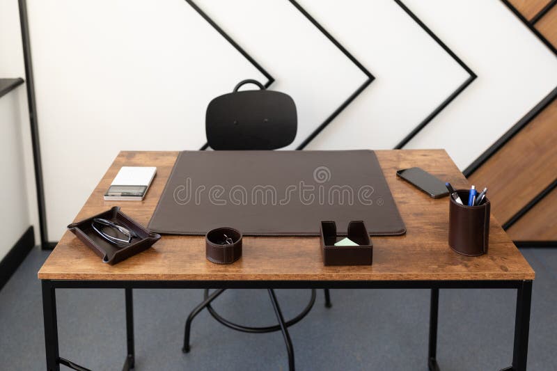 Desktop Made of Wood of the Head of the Company in the Office Stock ...