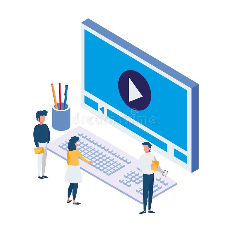 Desktop with Mini People Workers Stock Vector - Illustration of ...