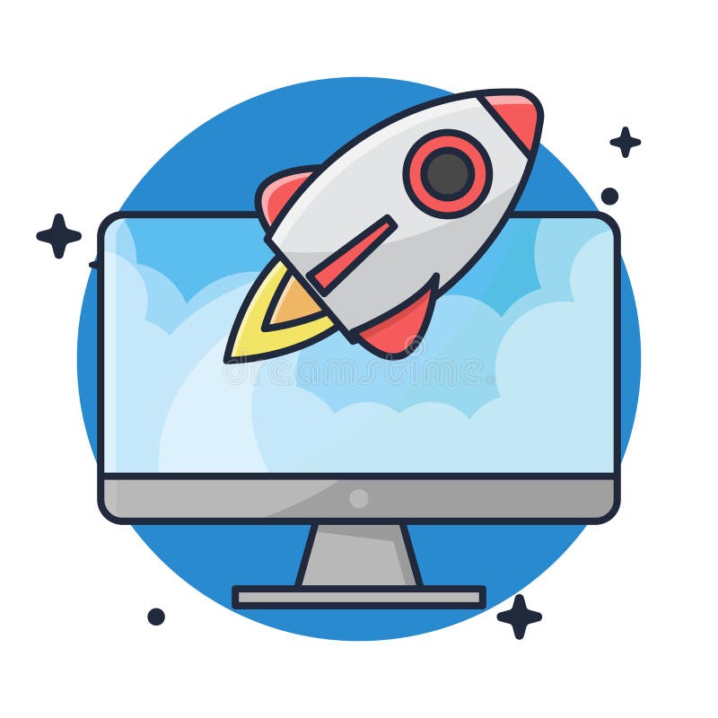 Desktop mit Raketenstart vektor abbildung. Illustration von fahne ...
