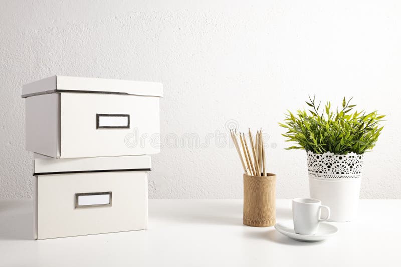 Desktop Mix on a White Office Table. Stock Image - Image of pencils ...