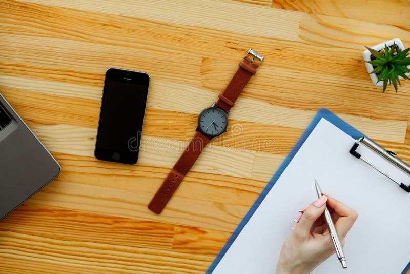 Desktop Mix on a Wooden Office Table. Stock Photo - Image of notebook ...