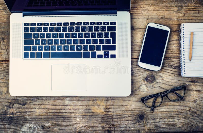 Desktop Mix on a Wooden Office Table. Stock Image - Image of business ...