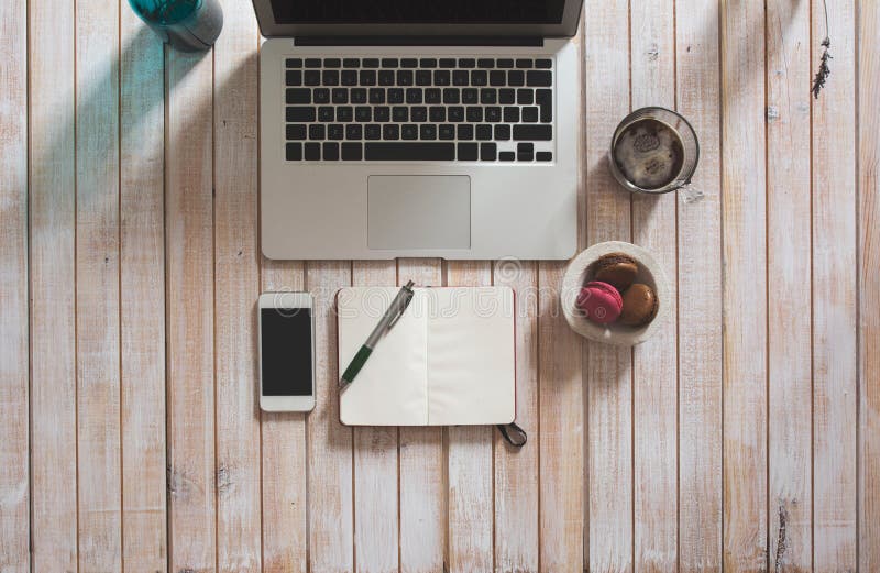 Desktop Mix on a Wooden Office Table. Stock Photo - Image of computer ...