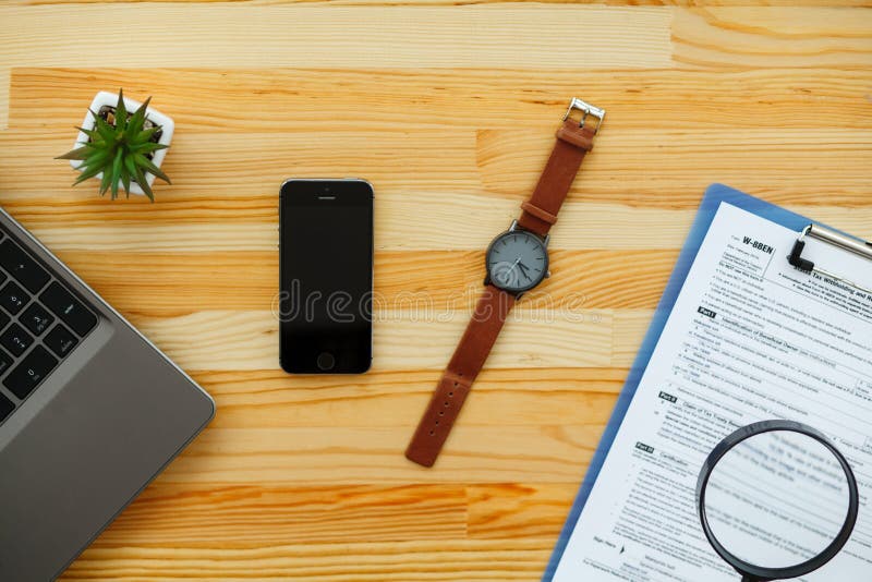 Desktop Mix on a Wooden Office Table. Stock Image - Image of glasses ...