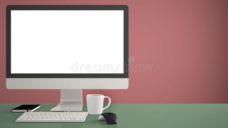 Desktop Mockup, Template, Computer on Green Work Desk with Blank Screen ...