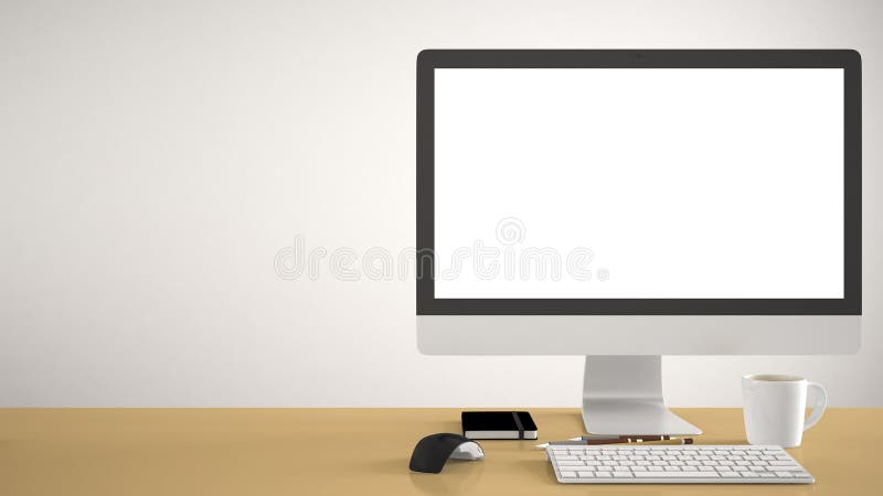 Desktop Mockup, Template, Computer on Yellow Pantone Colored Work Desk ...
