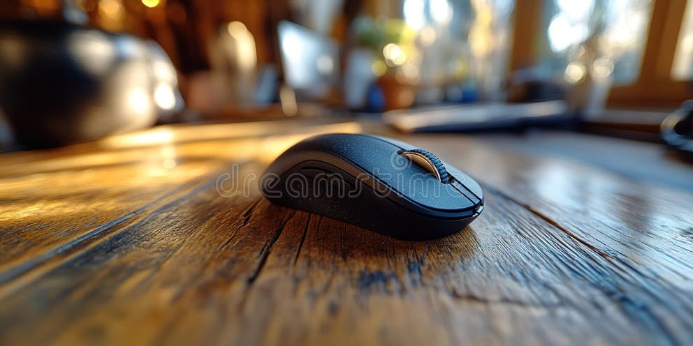 Desktop Mouse on a Wooden Table in a Cozy Workspace with Natural Light ...