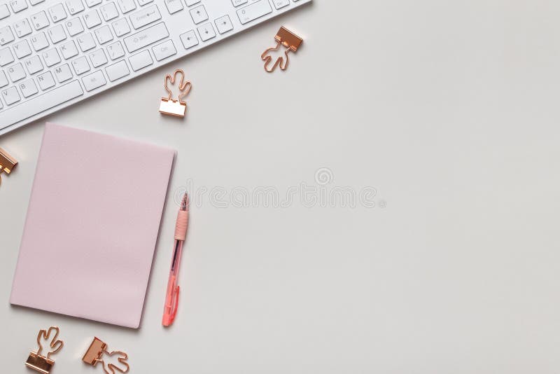 Desktop. Notepad Keyboard Pen Paper Clips on the Table Stock Image ...