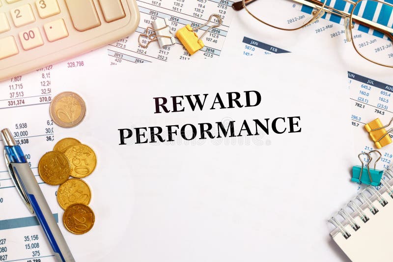 Desktop Office Desk and Documents with Inscription REWARD PERFORMANCE ...