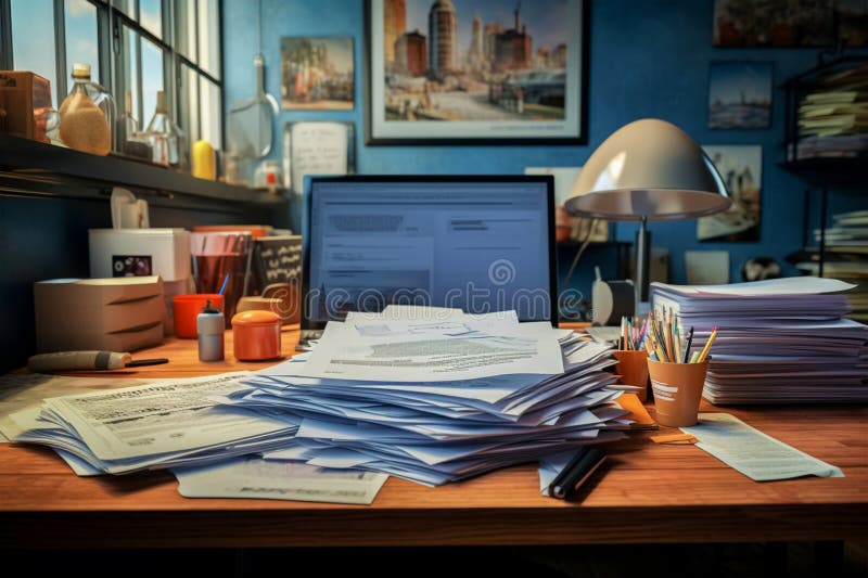 A Desktop in the Office with a Variety of Documents Scattered on the ...