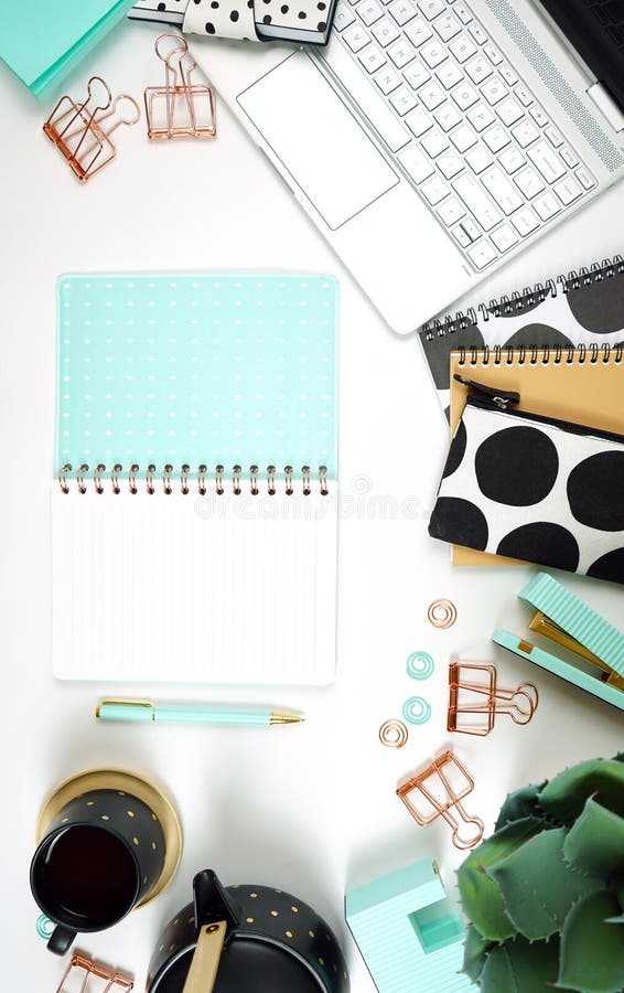 Desktop Overhead with Hi-tech Touch Screen Laptop and Modern ...