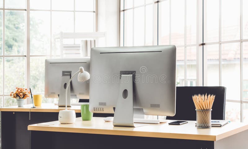 Desktop PC Computers in Small Modern Office or Home Office. Stock Photo ...