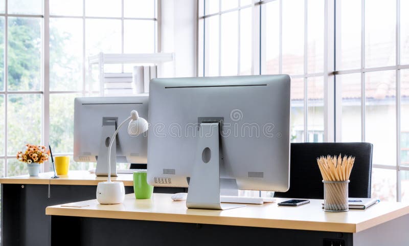 Desktop PC Computers in Small Modern Office or Home Office. Stock Image ...