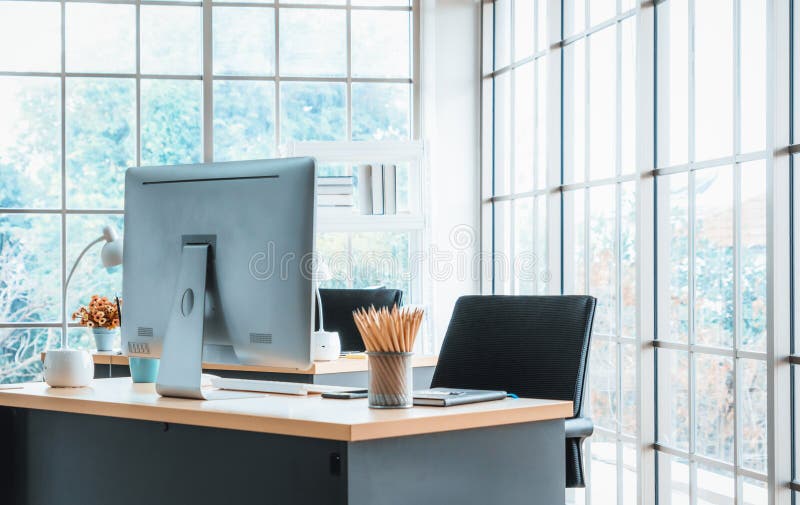 Desktop PC Computers in Small Modern Office or Home Office. Jivy Stock ...