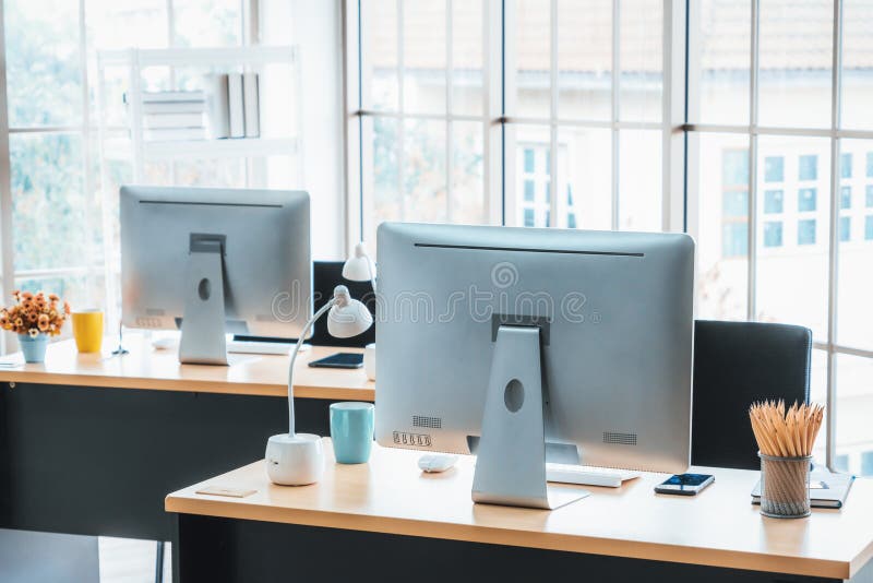 Desktop PC Computers in Small Modern Office or Home Office. Jivy Stock ...