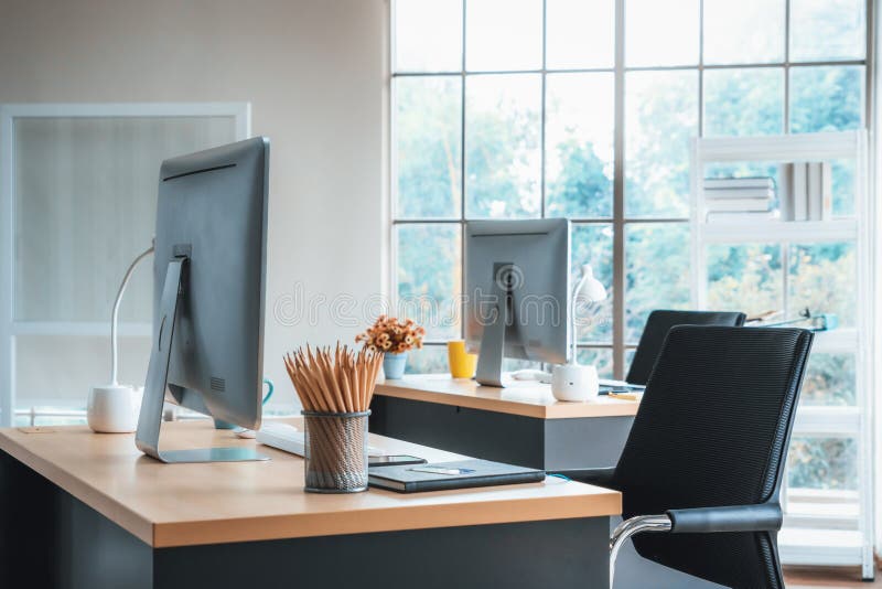 Desktop PC Computers in Small Modern Office or Home Office. Jivy Stock ...