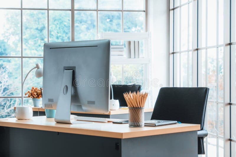 Desktop PC Computers in Small Modern Office or Home Office. Jivy Stock ...