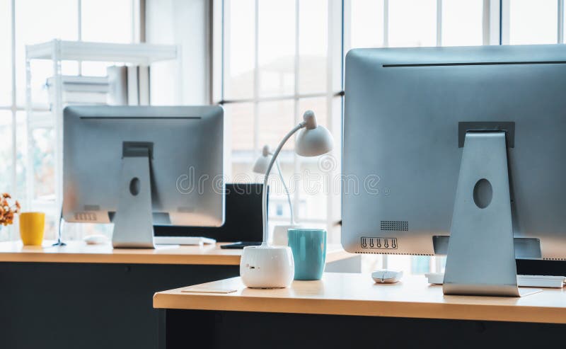 Desktop PC Computers in Small Modern Office or Home Office. Jivy Stock ...