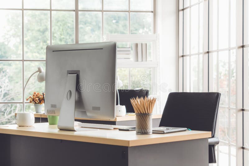 Desktop PC Computers in Small Modern Office or Home Office Stock Image ...