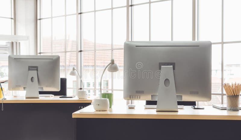 Desktop PC Computers in Small Modern Office or Home Office. Stock Photo ...