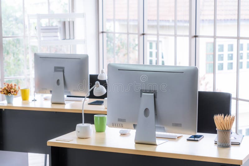 Desktop PC Computers in Small Modern Office or Home Office. Stock Photo ...