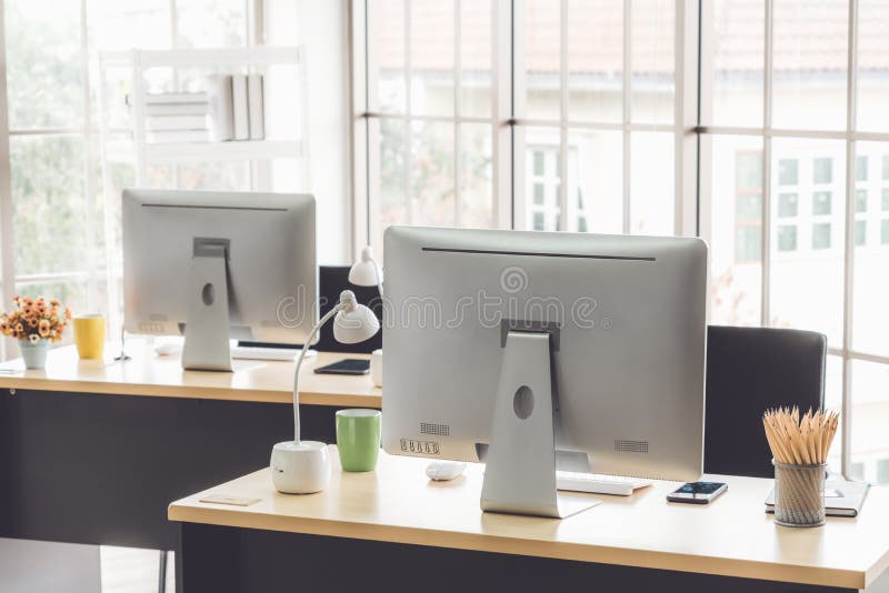 Desktop PC Computers in Small Modern Office or Home Office. Stock Photo ...