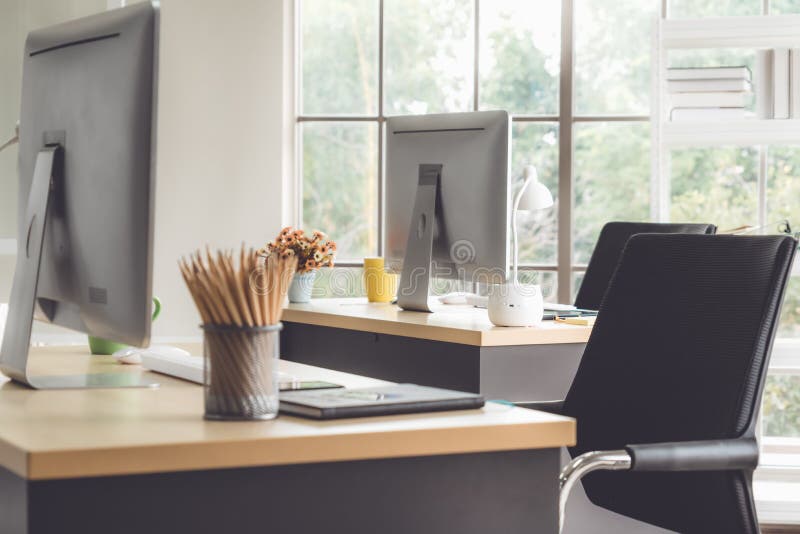 Desktop PC Computers in Small Modern Office or Home Office. Stock Photo ...