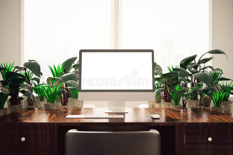 Desktop with pc and plants stock photo. Image of education - 87697274